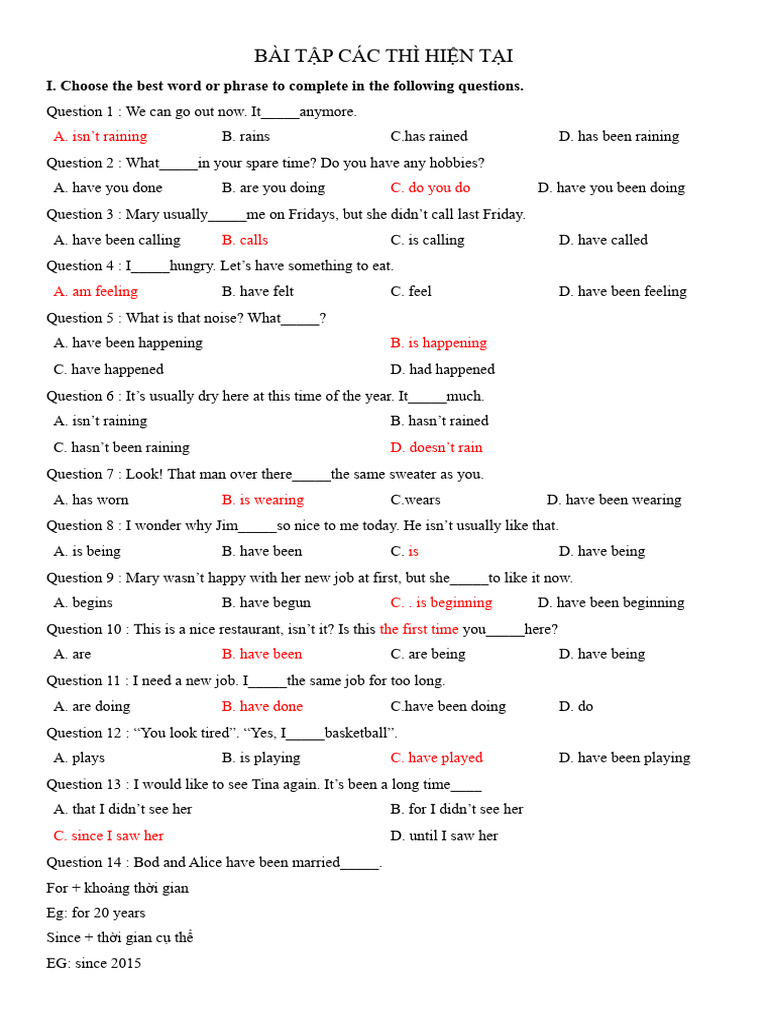 BÀI TẬP CÁC THÌ HIỆN TẠI | PDF
