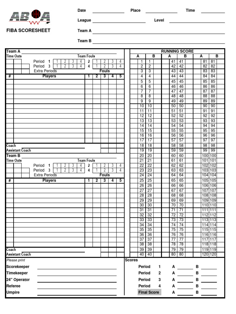 ABOA_FIBA_Scoresheet.xls | PDF | Referee | Sports ABOA_FIBA_Scoresheet.xls | PDF | Referee | Sports