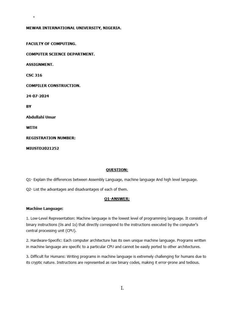 Abdullahi Umar CSC 316 Assignment. | PDF | Assembly Language | Computer Programming