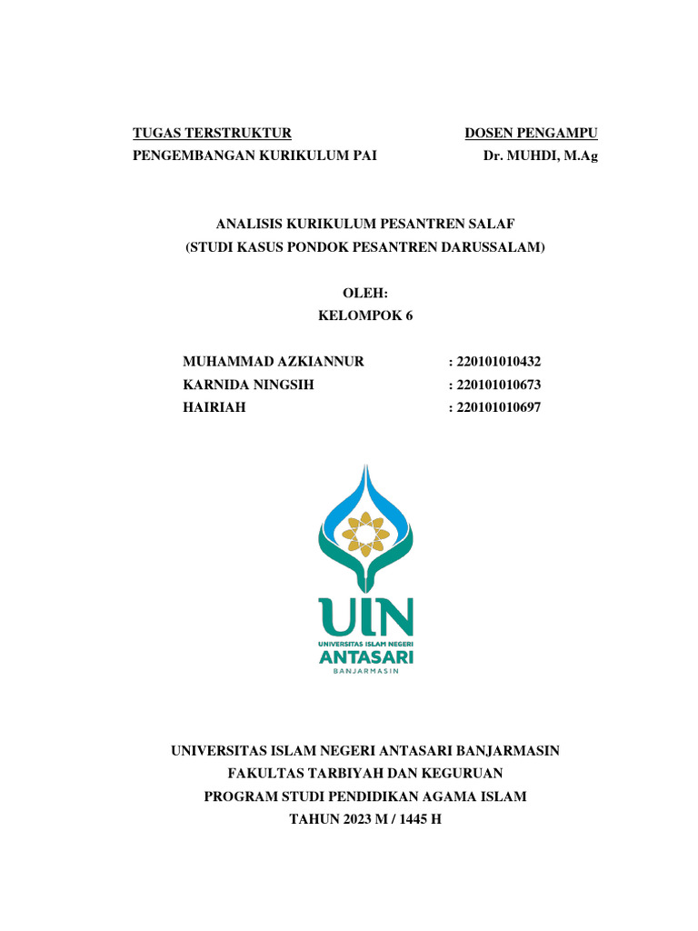 Analisis Kurikulum Pesantren Salaf (Studi Kasus Pondok Pesantren Darussalam Martapura) | PDF