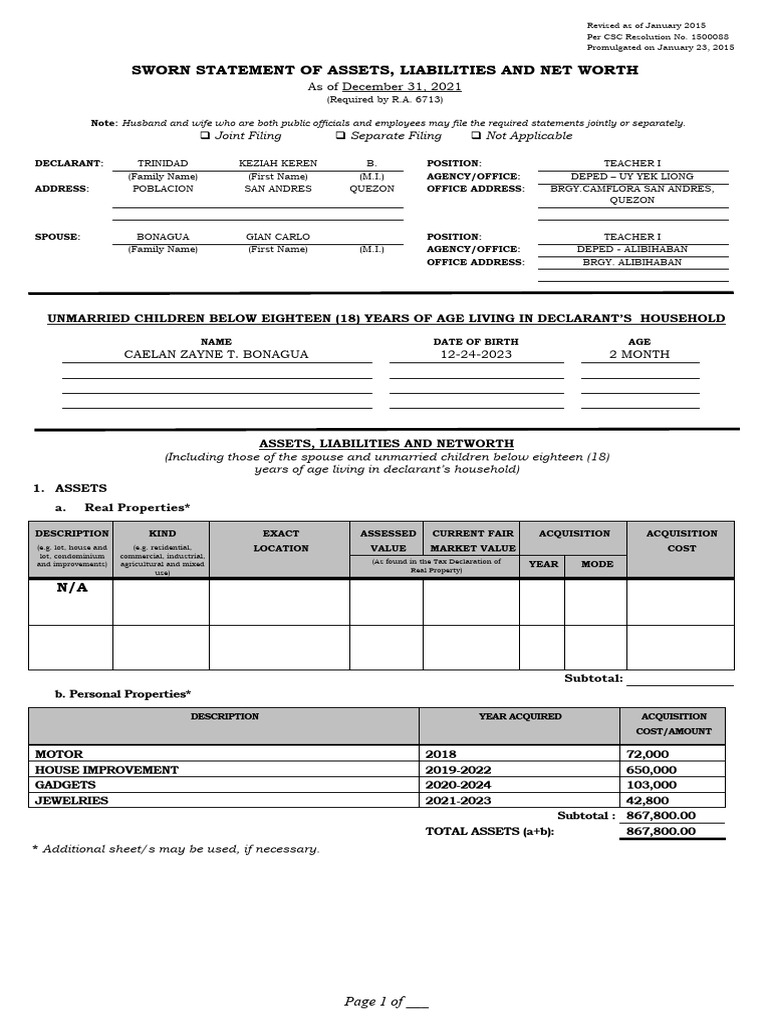 2023-2024 Saln Keziah Form | PDF | Net Worth | Business