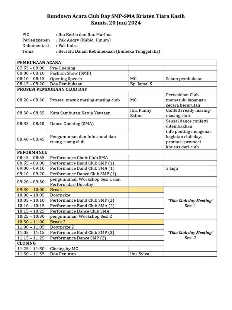 Rundown Club Day SMP-SMA | PDF