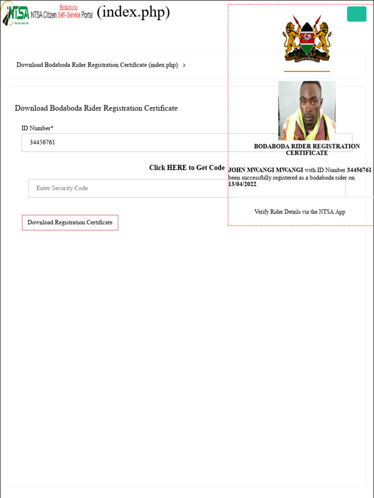 NTSA__ Bodaboda Rider Registration Certificate1 | PDF