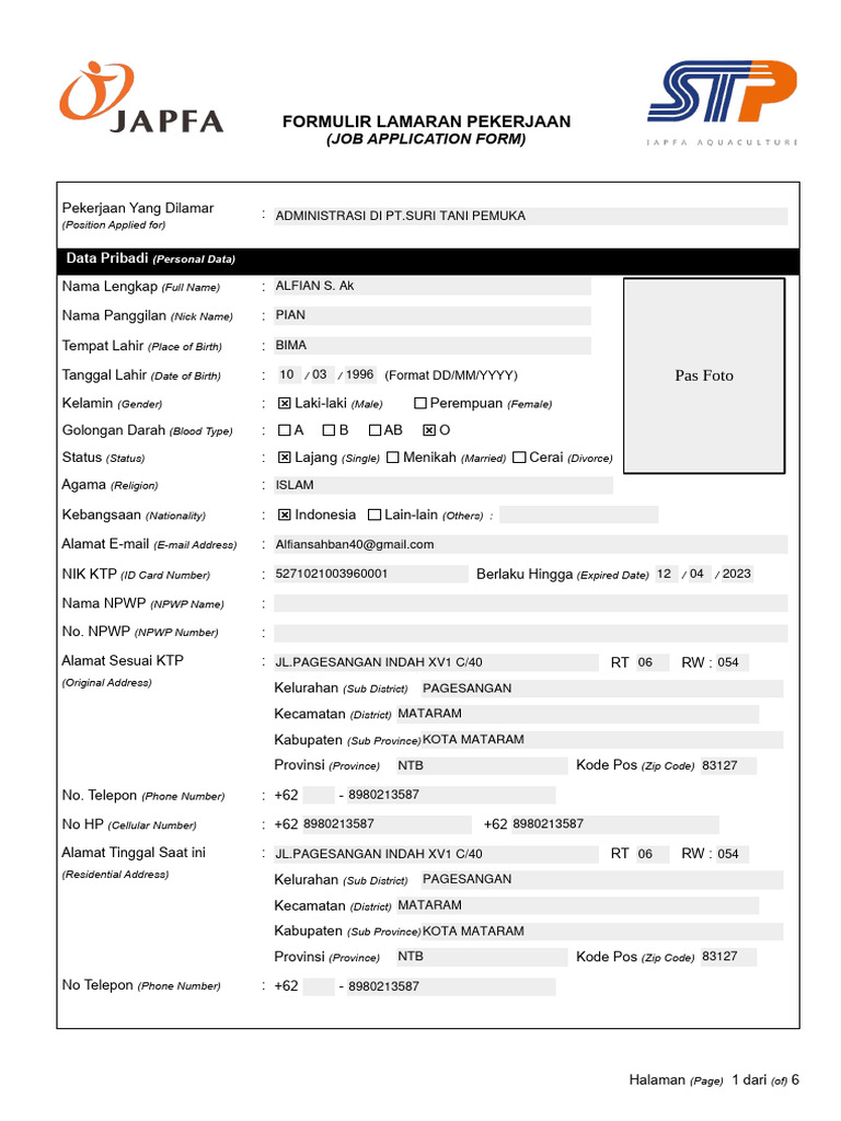Form Lamaran Pekerjaan STP Alfian | PDF