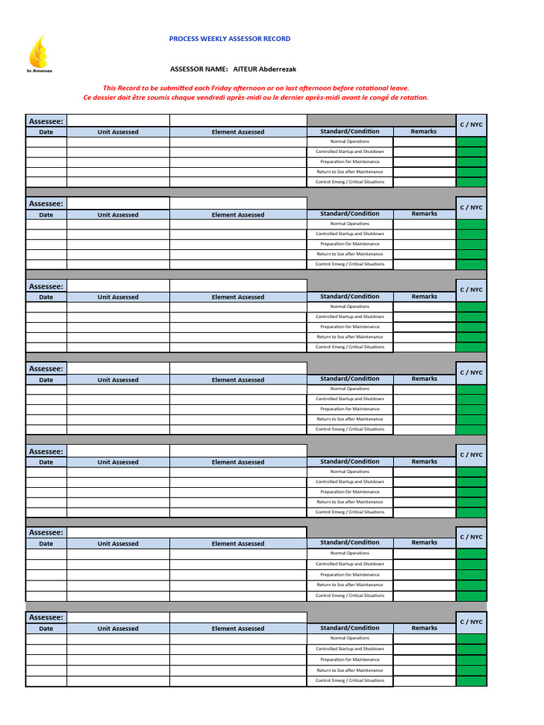 Weekly Assessor Maintenance Record | PDF | Equipment | Gases