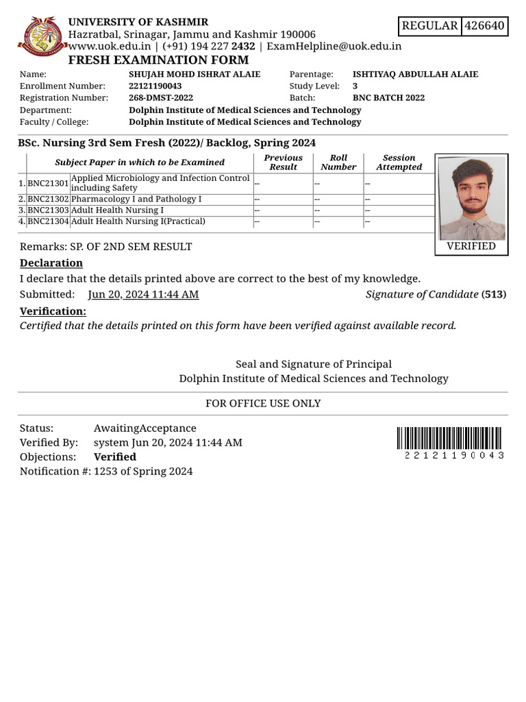 Examination Form Printout | PDF