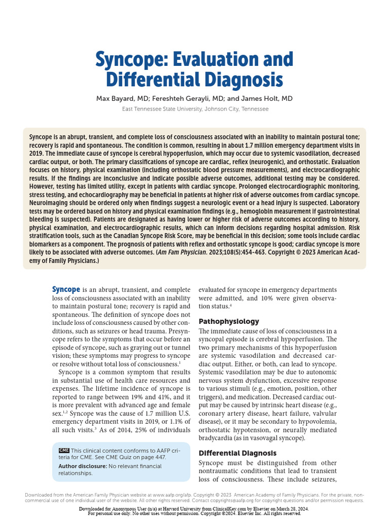 7 - Syncope Evaluation and Differential Diagnosis | PDF | Heart | Blood ...