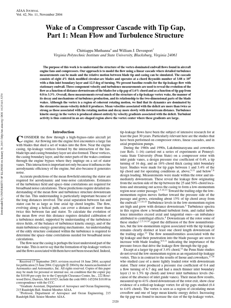 2004 美国 Wake of a Compressor Cascade With Tip Gap Part 1 Mean Flow and ...