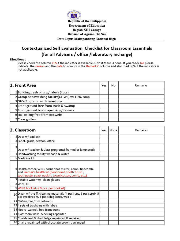 Classroom Essentials Evaluation Checklist | PDF | Classroom