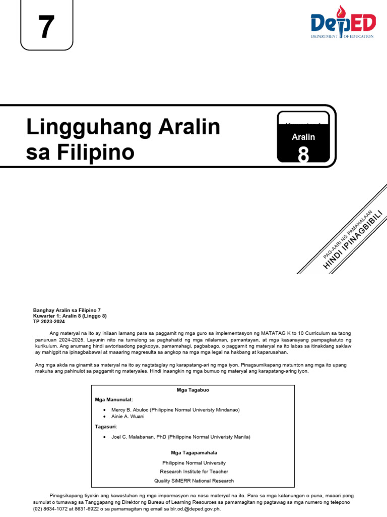 LE Q1 Filipino 7 Lesson 8 Week 8 | PDF