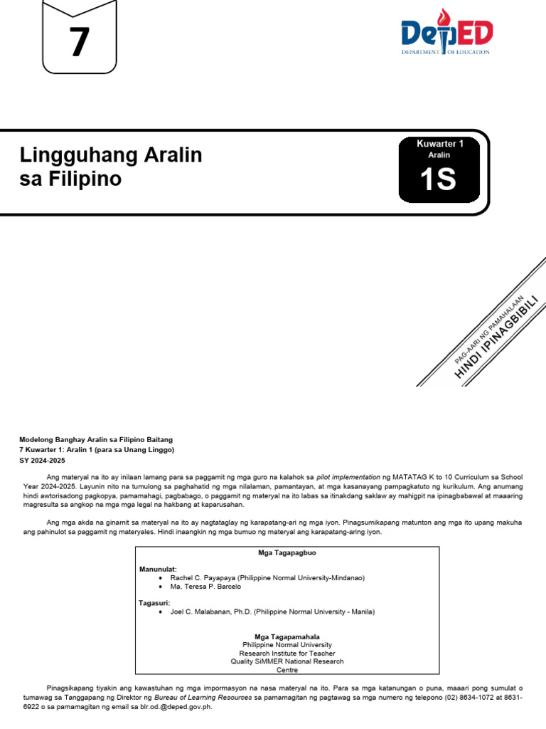 LE Q1 Filipino 7 Lesson 1 Week 1 | PDF