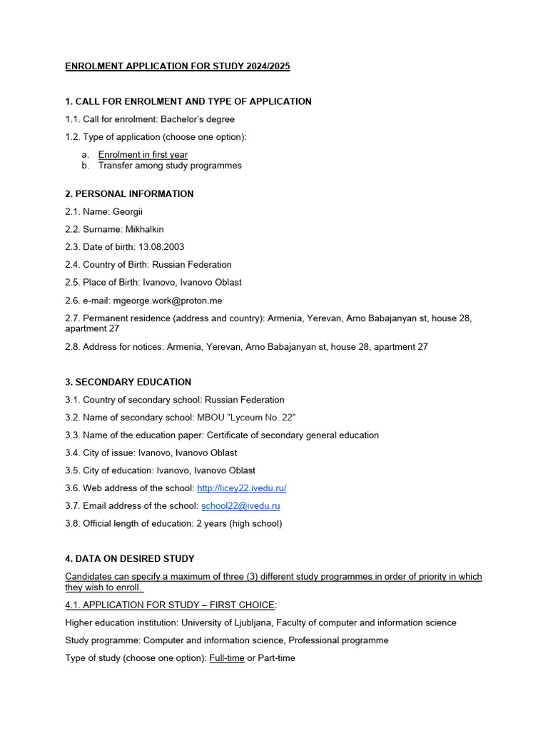2024/2025 Enrolment Application Form | PDF | Social Science