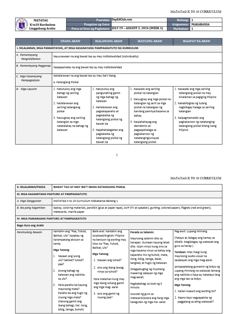 Dll Matatag Makabansa 1 Q1 W1 Pdf