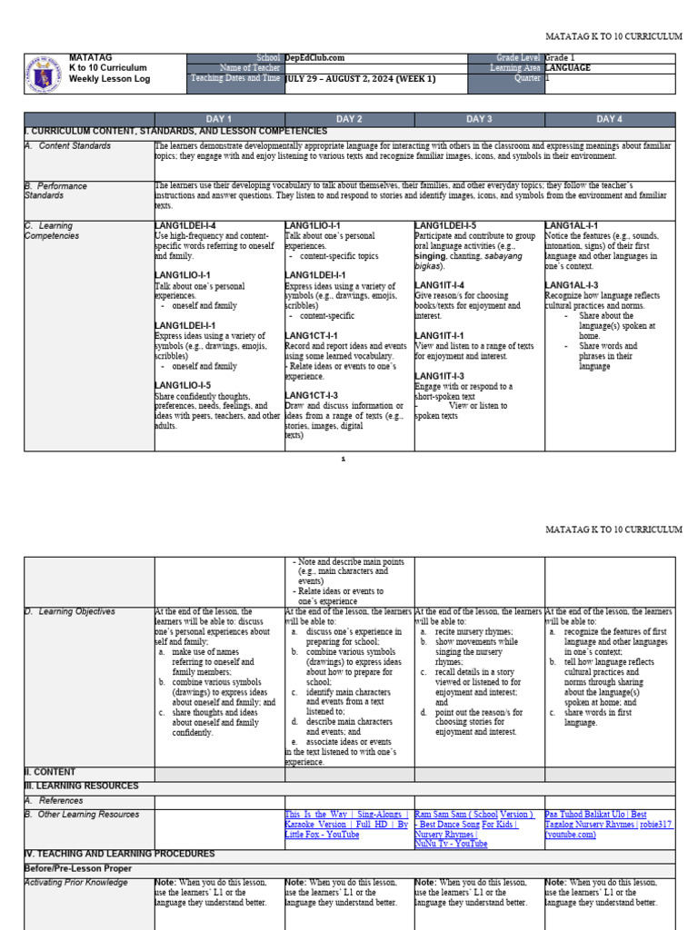 DLL Matatag - Language 1 Q1 - W1 PDF Learning Curriculum