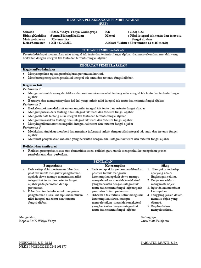 RPP Nilai Integral Tak Tentu Dan Tertentu Fungsi Aljabar | PDF | Karier ...