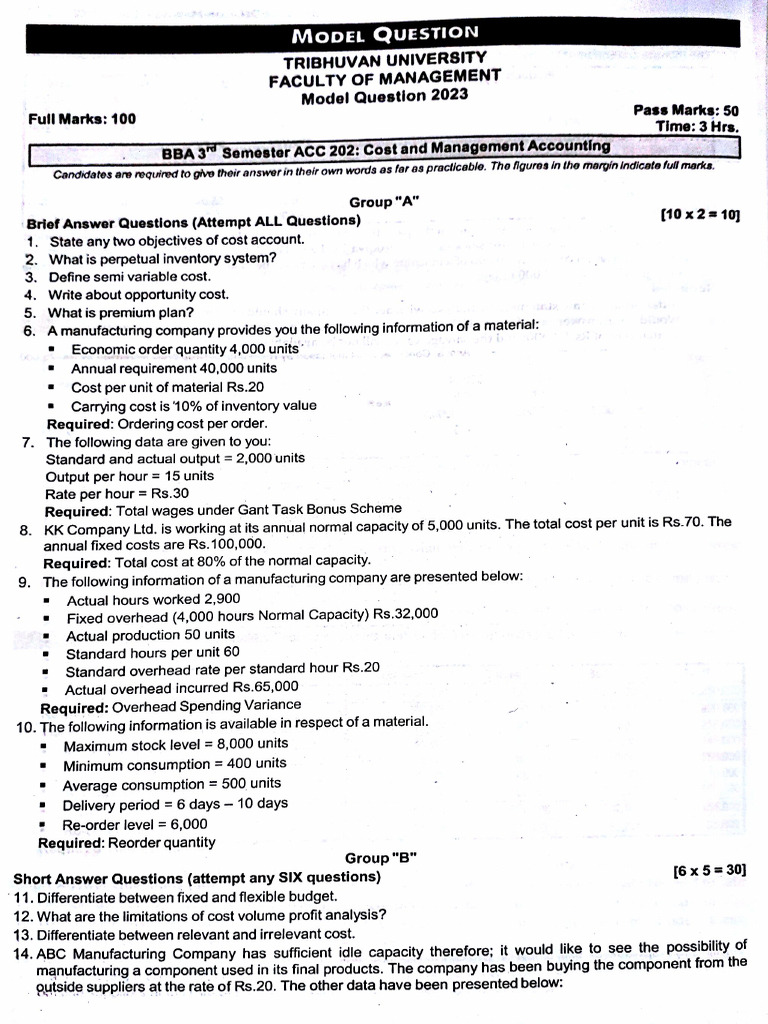CMA Model Questions 2080 | PDF
