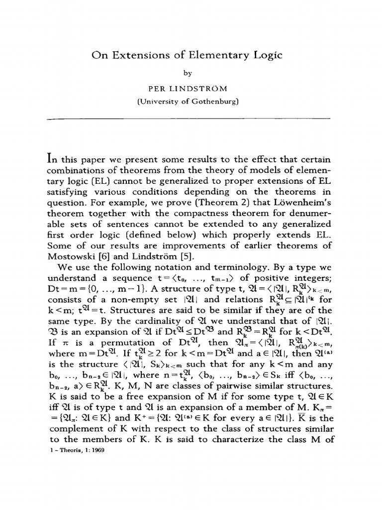 Theoria - April 1969 - LINDSTR M - On Extensions of Elementary Logic | PDF | Theorem ...