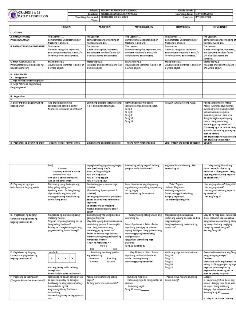 MATHEMATICS 1_Q3_W2 DLL | PDF