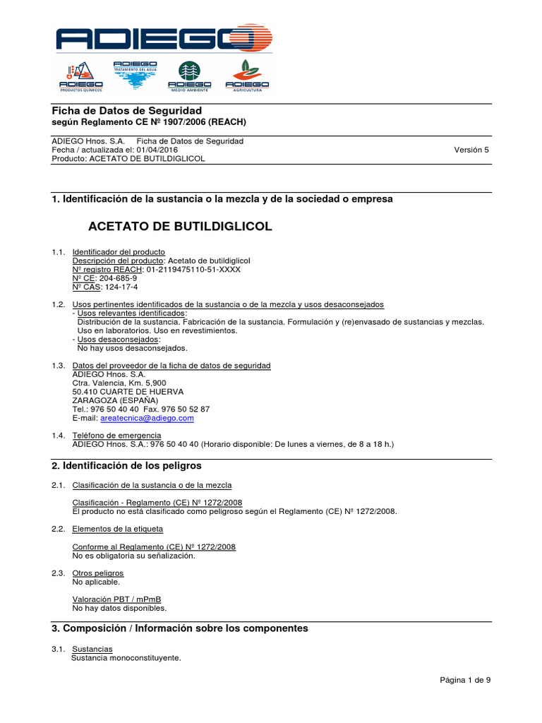 Acetato de Butildiglicol (MSDS) | PDF | Agua | Solvente