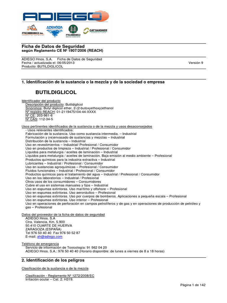 Butildiglicol (MSDS) | PDF | Peróxido | Agua