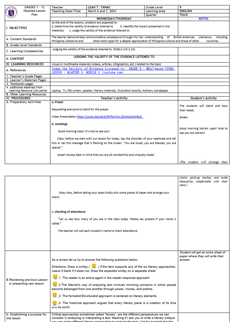 GRADE 10 DLP Day 3 | PDF | Learning | Teachers