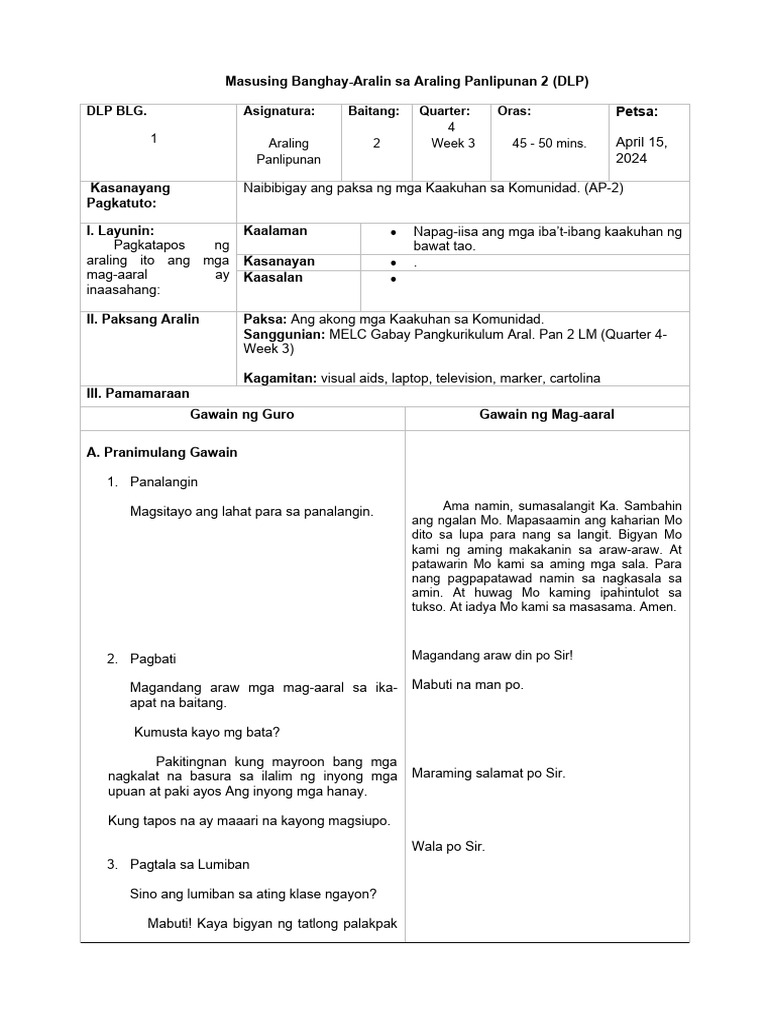 FILIPINO 4_DLP (Central Main) | PDF