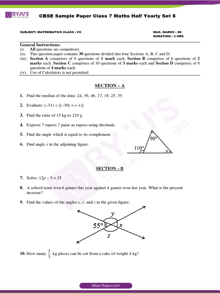 CBSE Sample Paper Class 7 Maths Half Yearly Set 5 | PDF | Mathematics | Euclidean Geometry