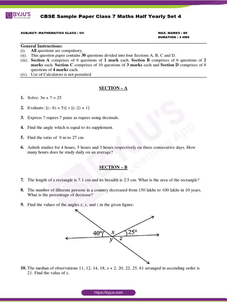 CBSE Sample Paper Class 7 Maths Half Yearly Set 4 | PDF | Area | Length
