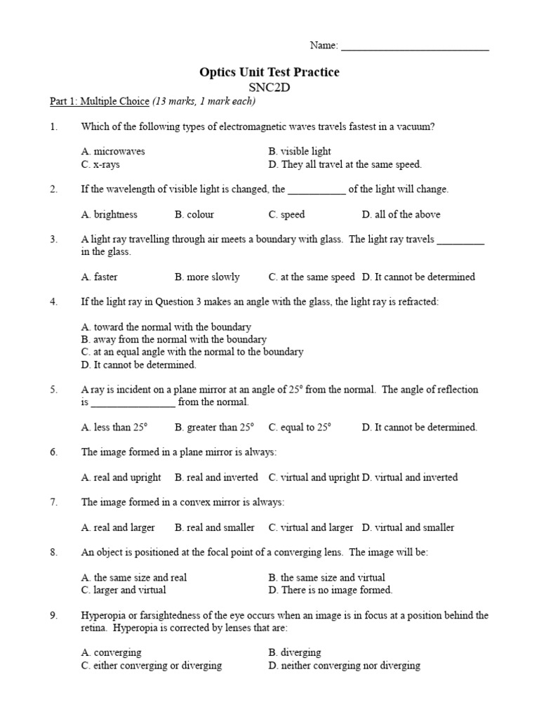 111 Optics Test snc2d Optics-Unit-Test-Practice-Fall-2011 | PDF | Light ...