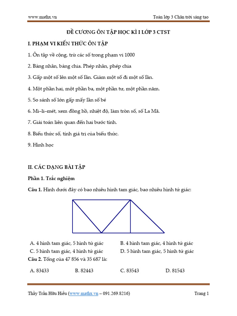 ĐỀ CƯƠNG ÔN TẬP HỌC KÌ I LỚP 3 CTST | PDF