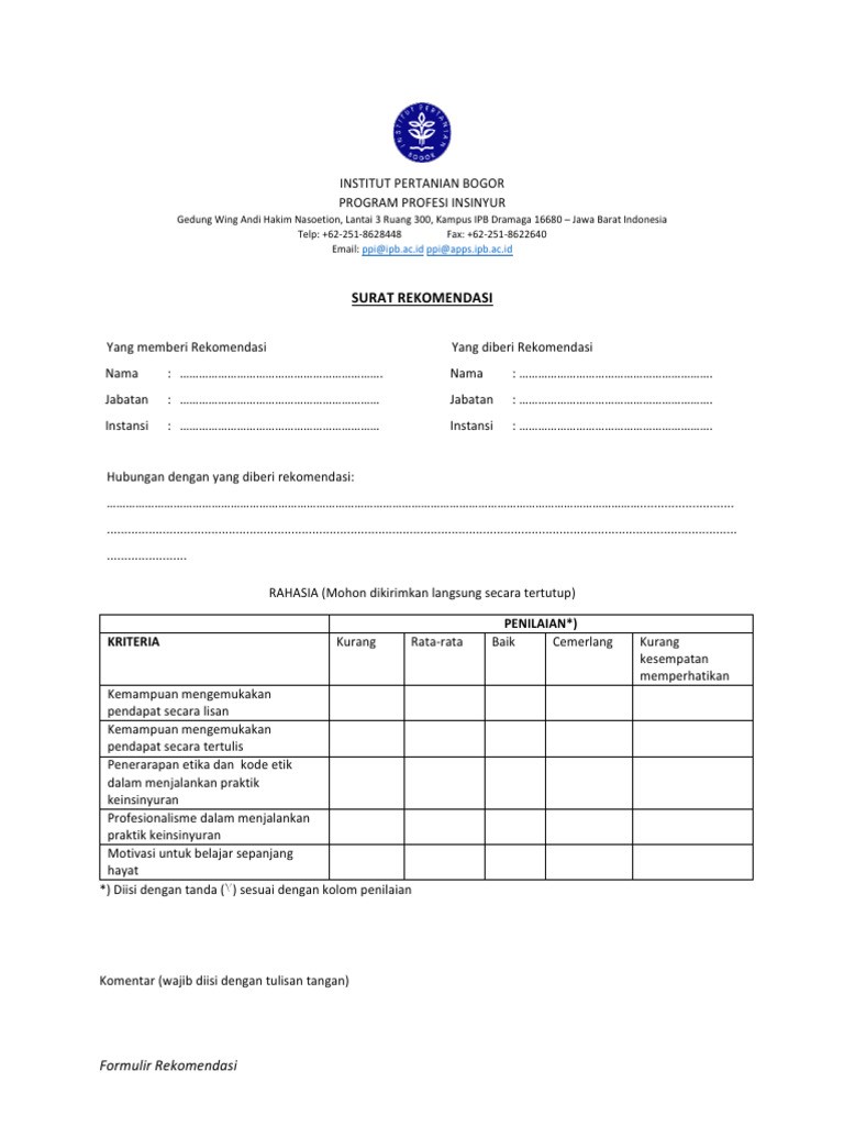 Form Rekomendasi PPI IPB | PDF