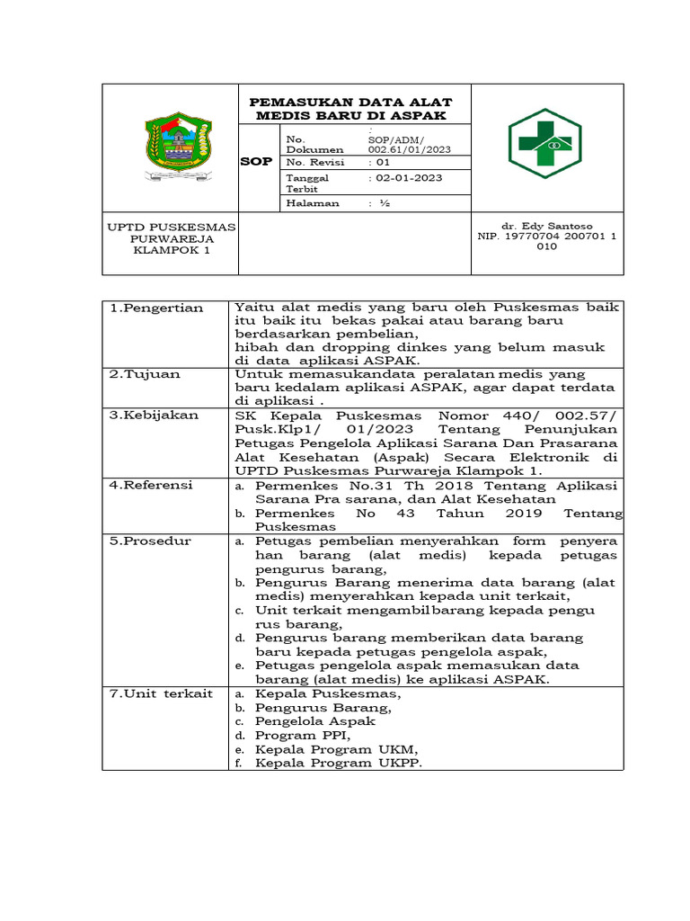 1.4.6.1.3 Sop Pemasukan Data Alat Medis Baru Di Aspak | PDF