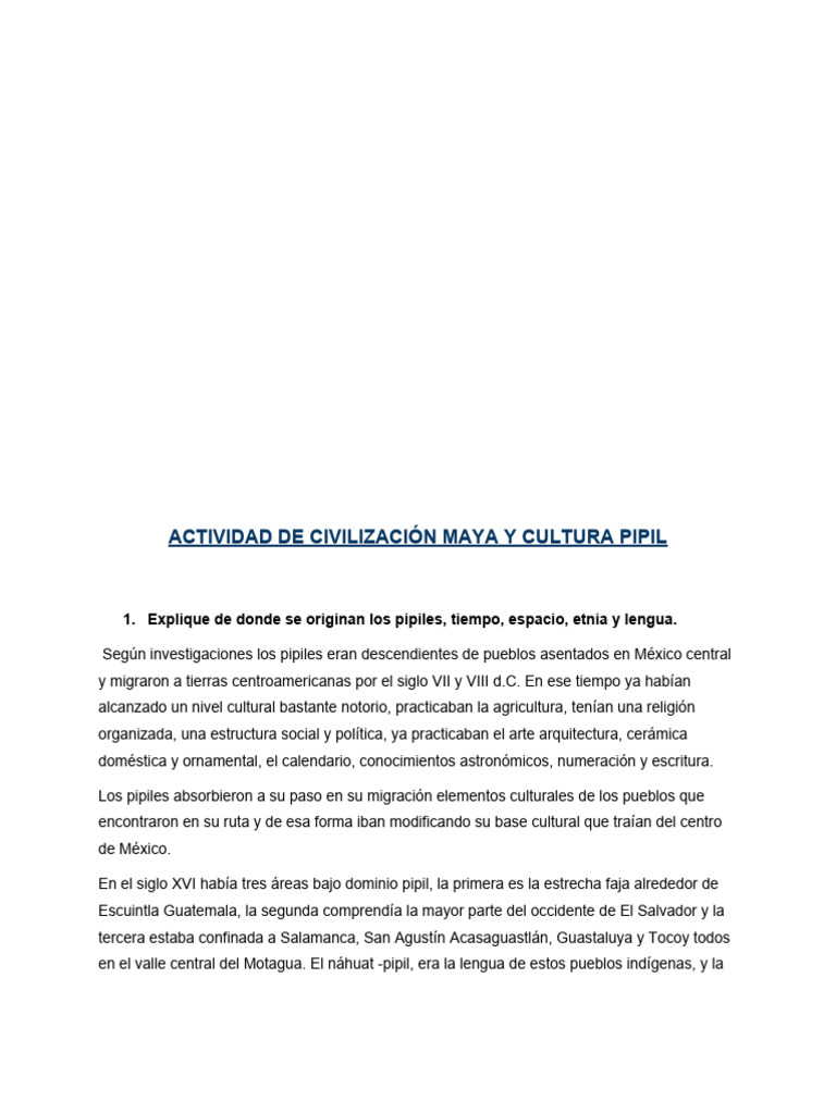 Actividad de Civiliación Maya y Pipil. Grupo 1 | PDF | Civilización ...