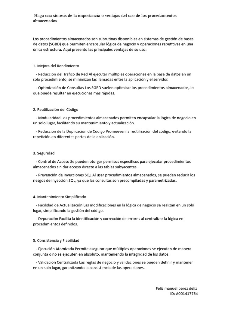 Feliz Manuel Perez Deliz-Unidad 5. Actividad 2. Importancia o Ventajas Del Uso de Procedimientos ...
