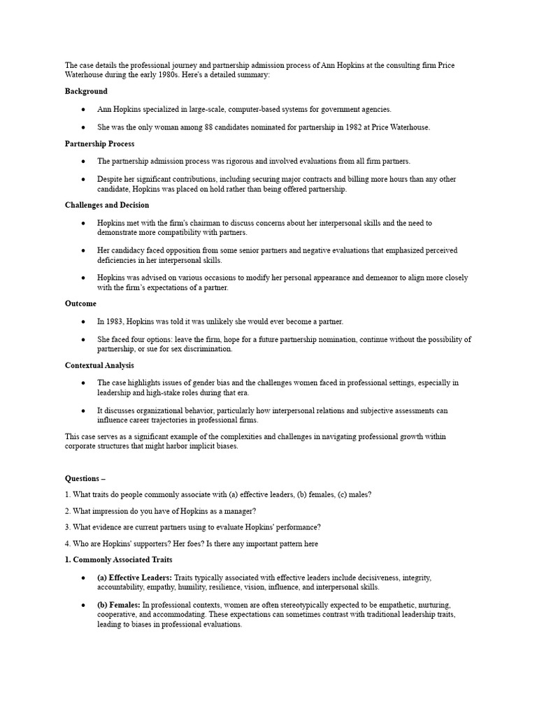 Ann Hopkins Case Summary | PDF | Leadership | Bias