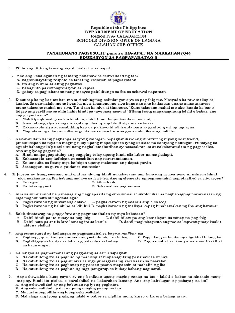 4th Quarter Pre Test EsP 8 23 24 | PDF