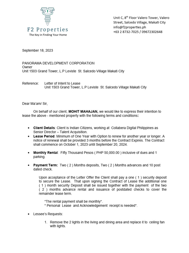 Letter of Intent to Lease Property | PDF | Lease | Bedroom