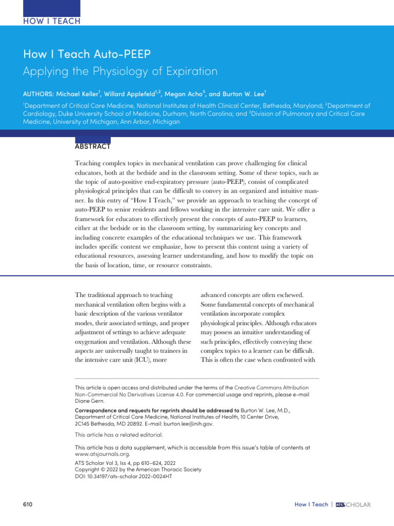 Keller Et Al 2022 How I Teach Auto Peep Applying The Physiology of ...