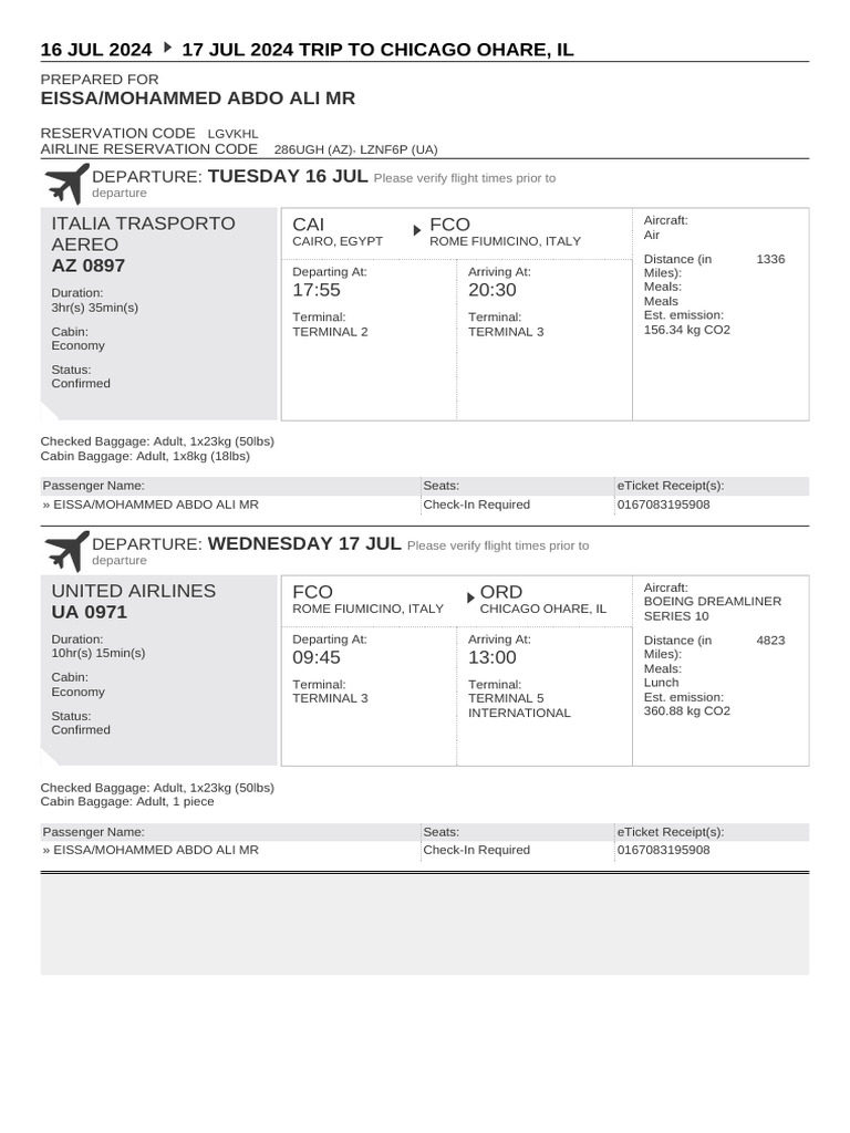 Travel Reservation July 16 For MR MOHAMMED ABDO ALI EISSA | PDF | United Airlines | Airliner