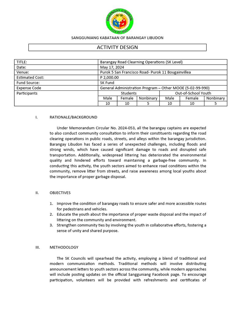 Barangay Road Clearing Activity Report | PDF | Road | Waste Management