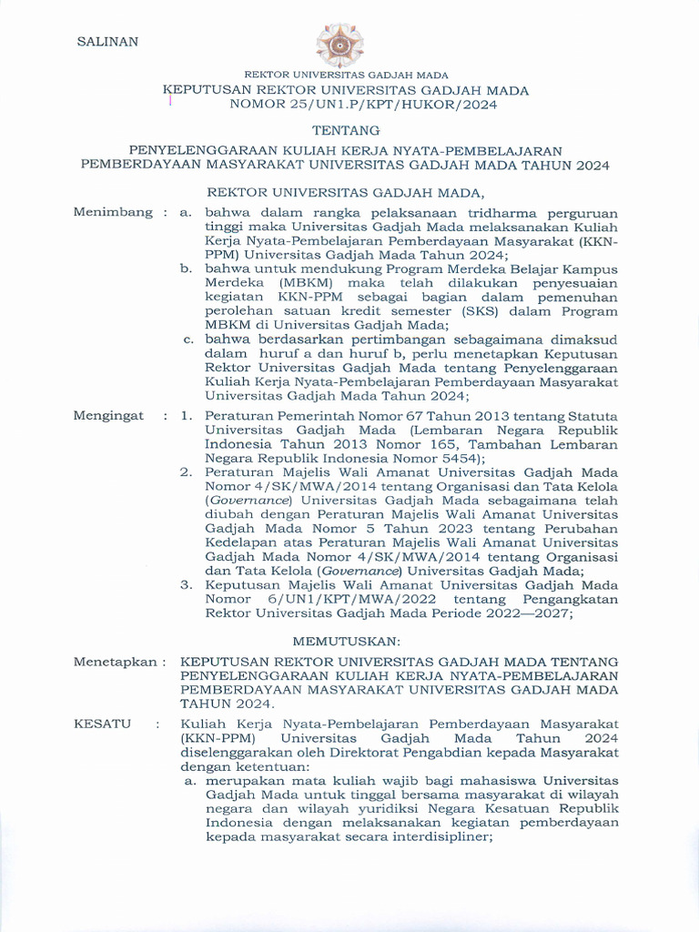 SK - Nomor 25 - 2024 - Penyelenggaraan KKN PPM Ugm | PDF