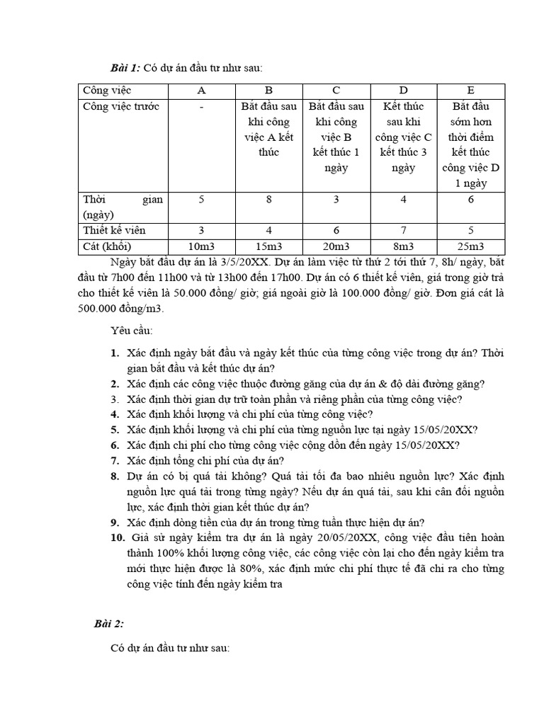 BAI TAP MICROSOFT PROJECT - SV (2) | PDF