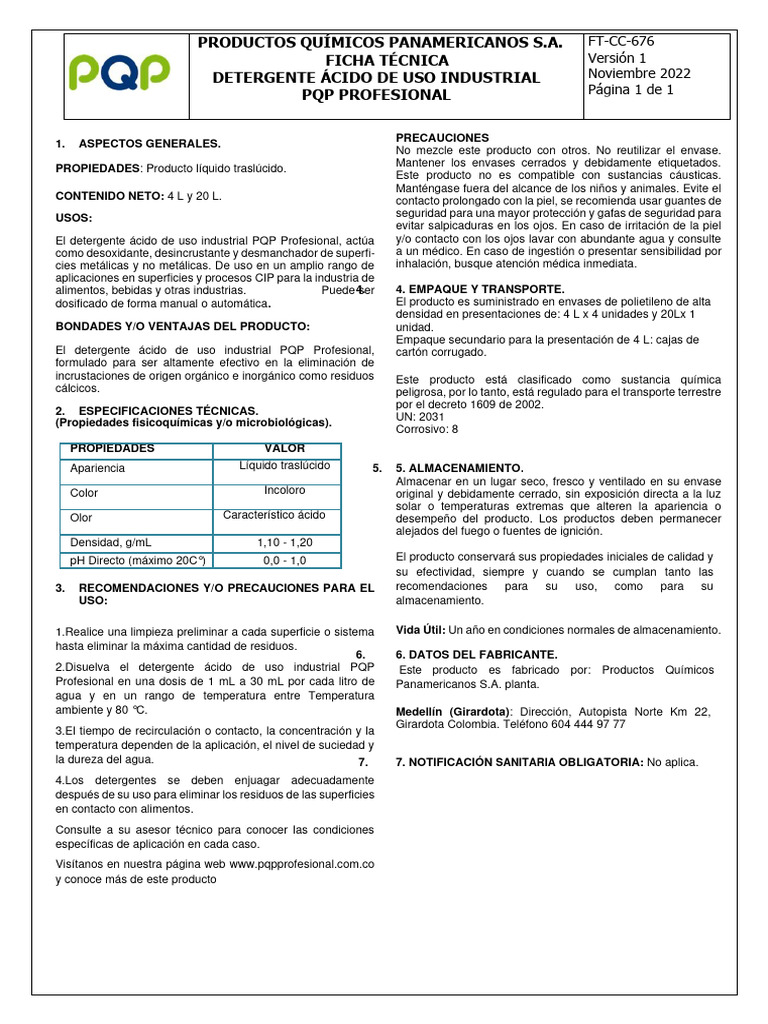 FT CC 676 Detergente Liquido Acido de Uso Industrial | PDF | Detergente | Agua