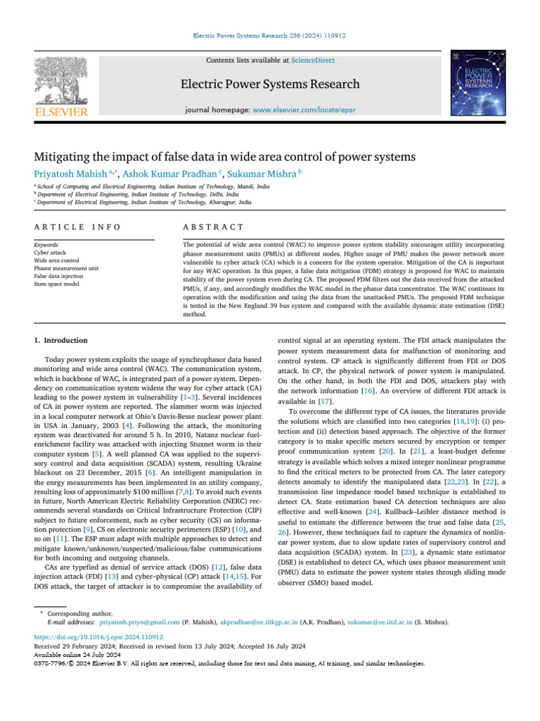 Mitigating the Impact of False Data in Wide Area Control of Power Systems | PDF | Electrical ...