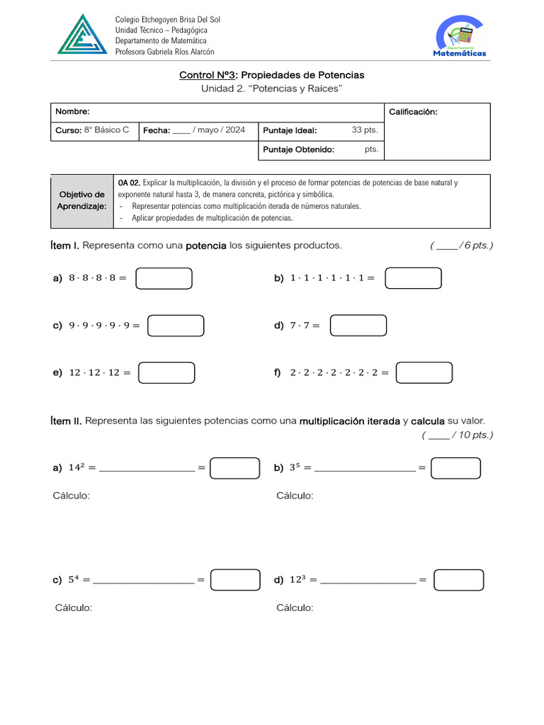 Control N°3 - 8° Básico Matemática | PDF | Multiplicación | Exponenciación