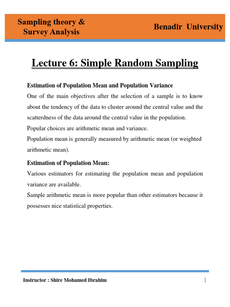 Lecture 6 Simple Random Sample | PDF | Estimator | Mean