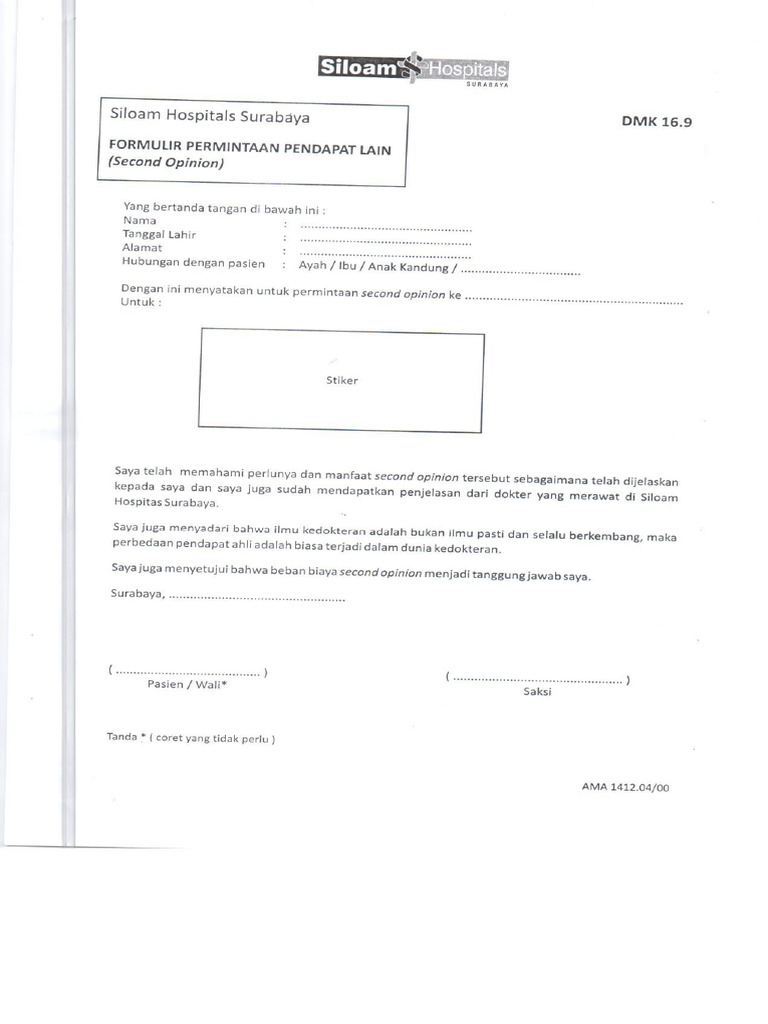 Formulir Permintaan Pendapat Lain (Second Opinion) | PDF