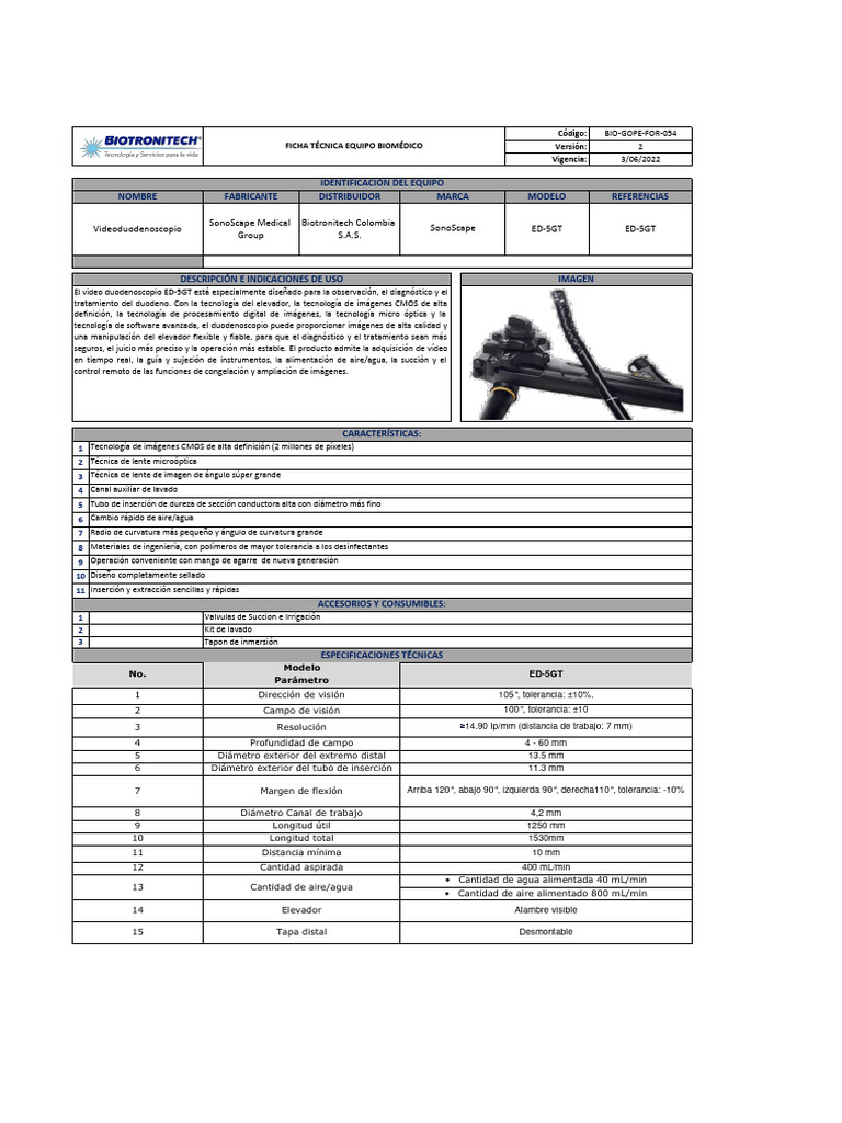 Duodenoscopio ED-5GT: Ficha Técnica | PDF | Agua