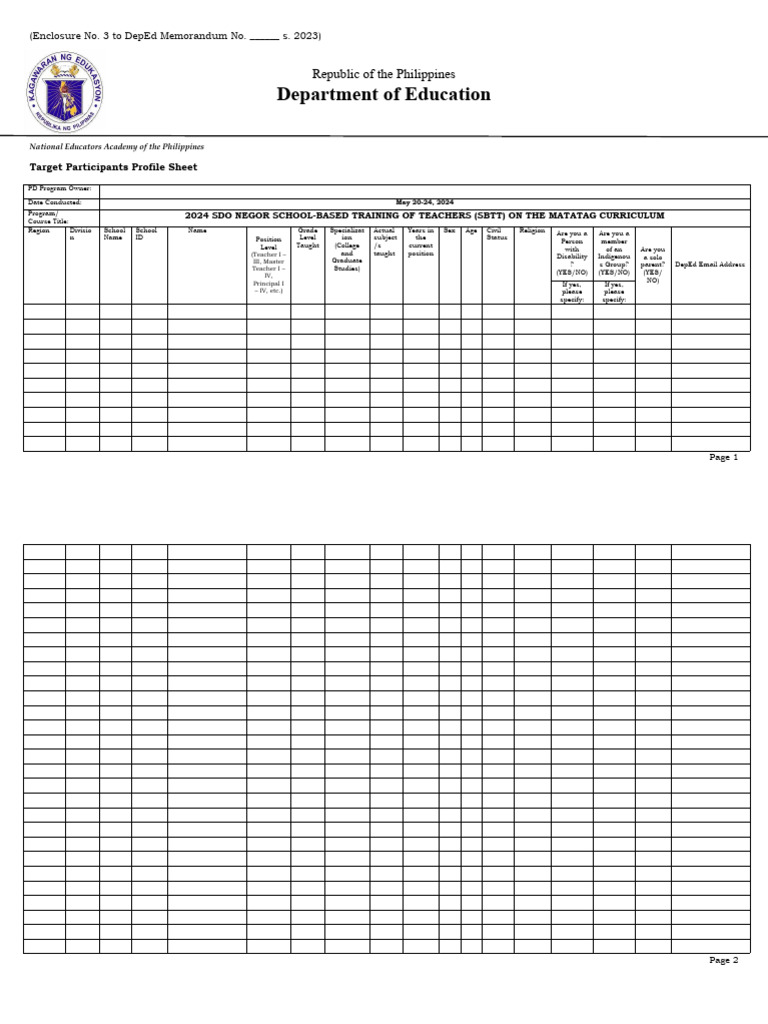 Enclosure No. 3 Target Participants Profile Sheet | PDF
