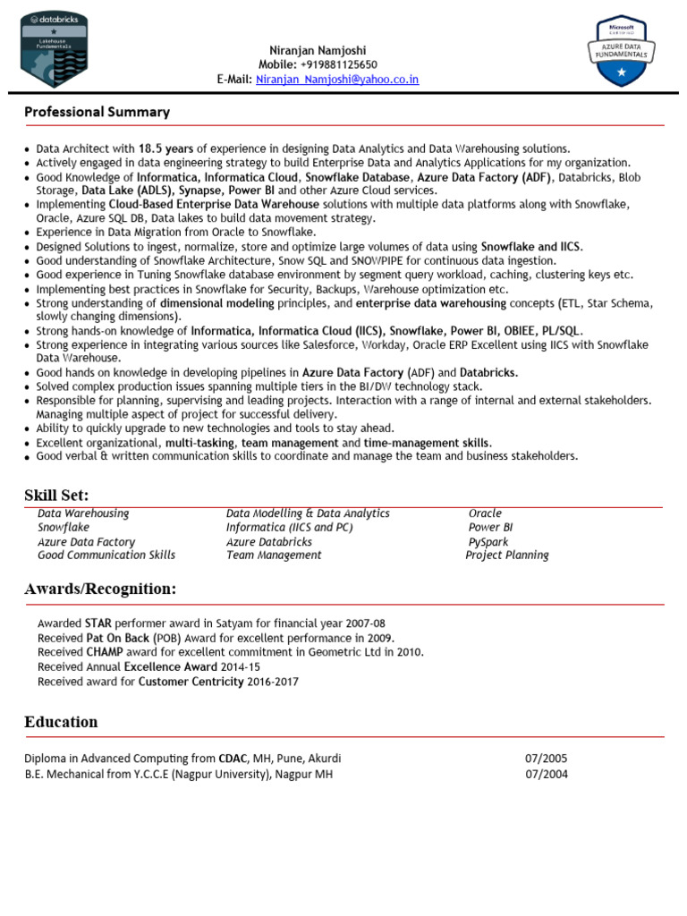 Niranjan Namjoshi-Profile | PDF | Data Warehouse | Microsoft Sql Server